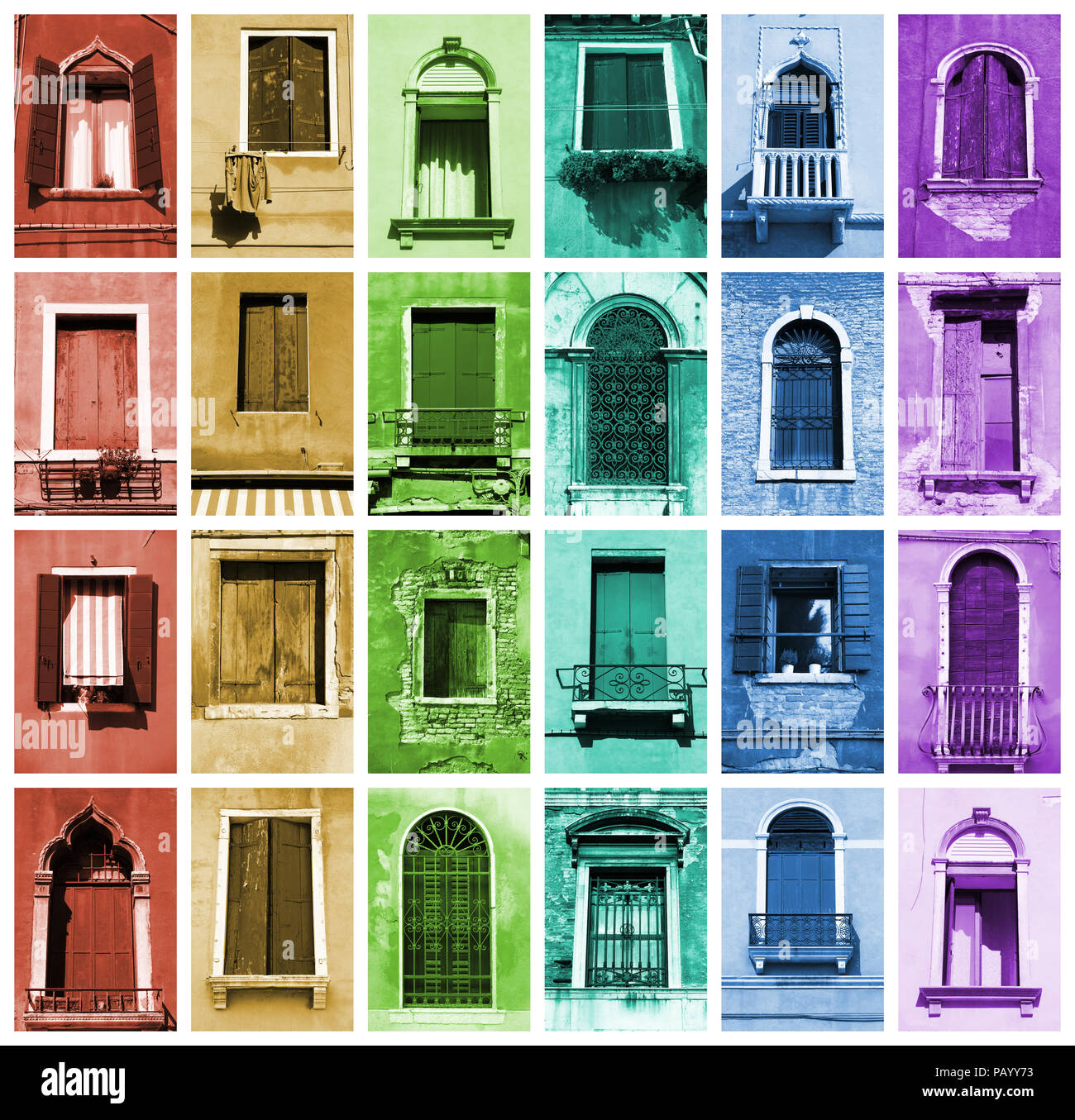 Windows of Venice, Italy. Window collection in rainbow arrangement ...