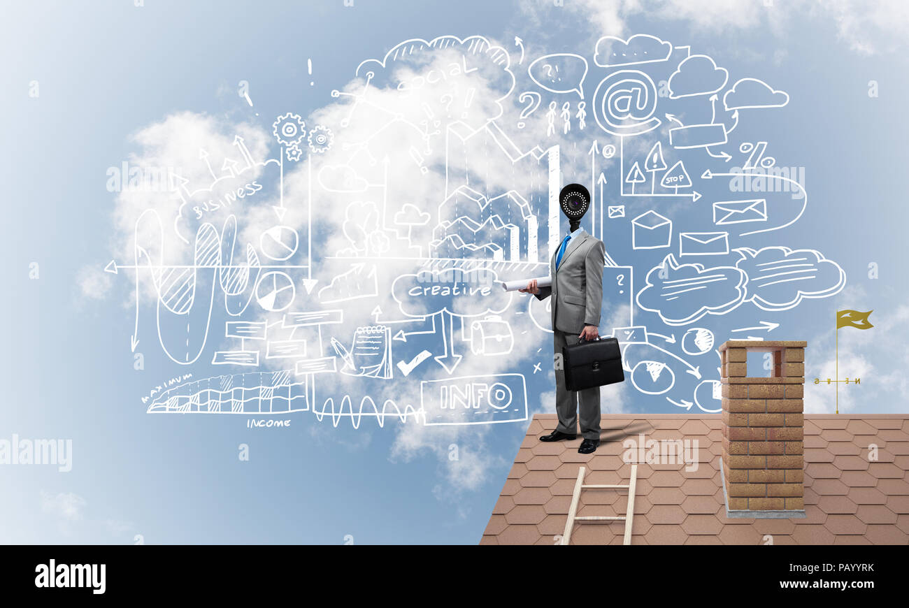 Concept of home security and privacy protection with camera headed man ...