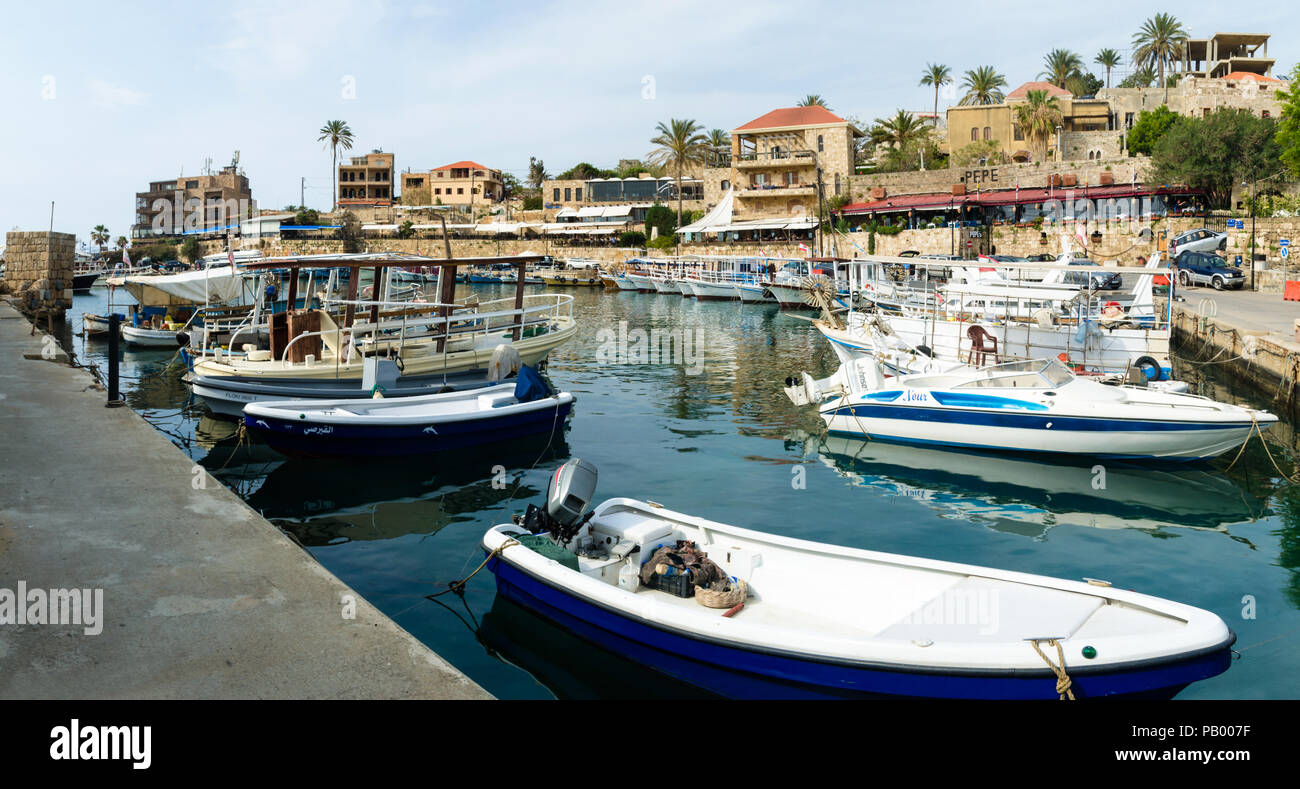 Fishing boats in Jbeil Byblos old harbor, port, Mediterranean sea ...