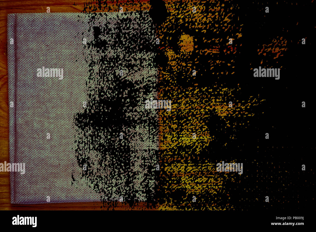 Ultra orange Postcard sample, linen fabric surface on wooden table with ...