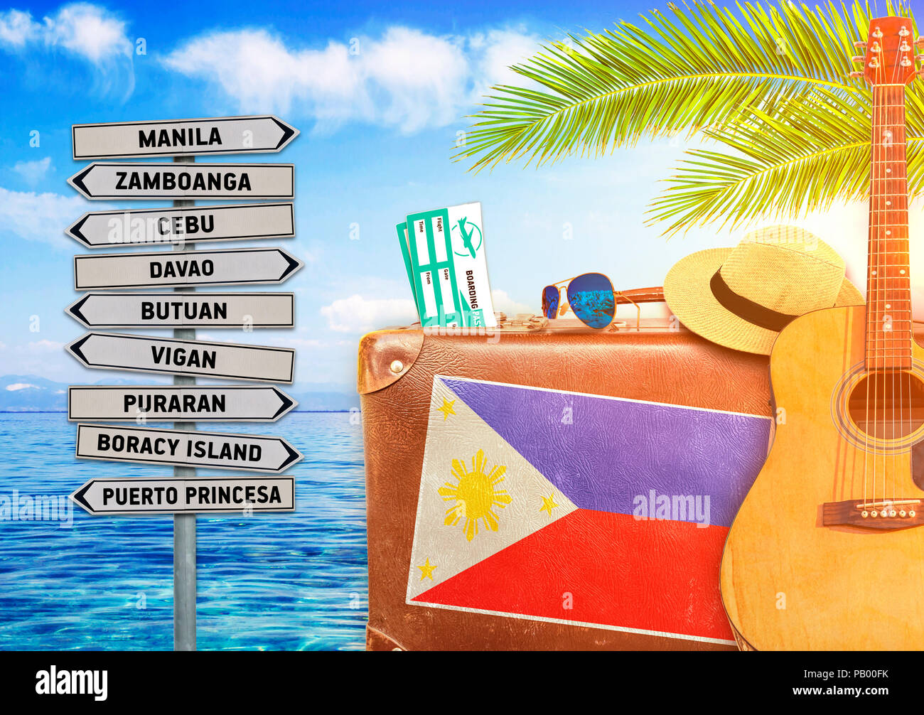 Concept of summer traveling with old suitcase and Philippines town sign ...