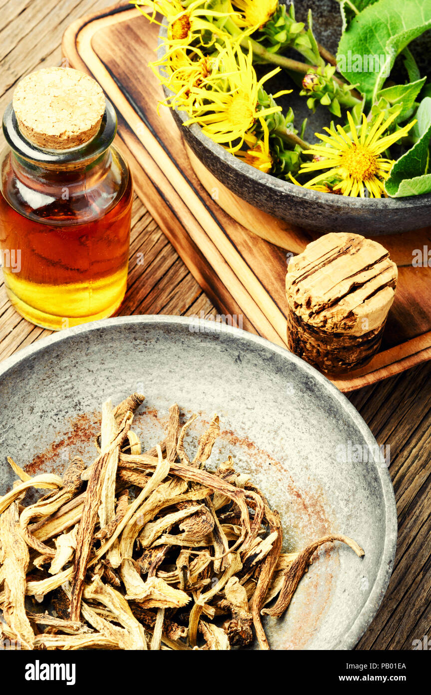 Healing elixir from the root of inula.Healing herbs Stock Photo - Alamy