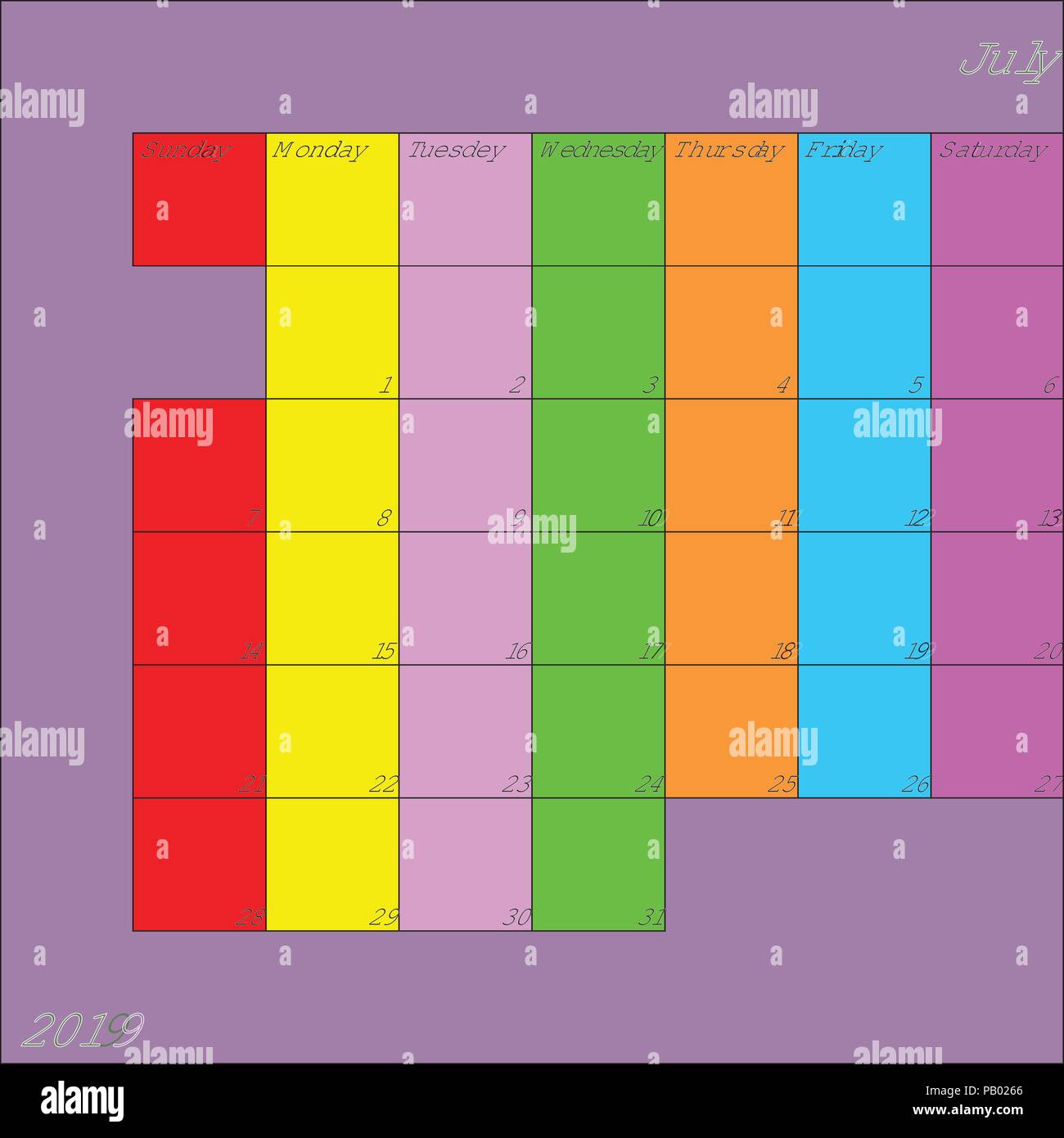 July 2019 Calendar Planer with specific color for each weekday and ...