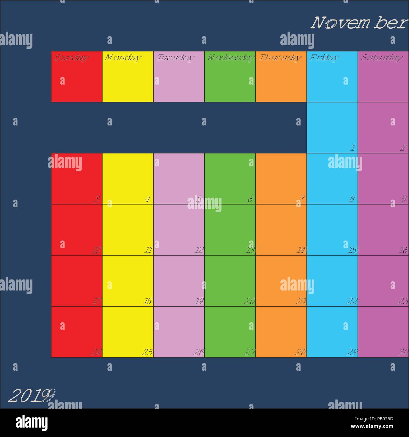 November 2019 Calendar Planer with specific color for each weekday and ...