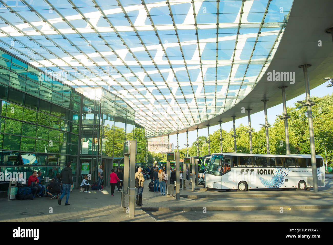 HAMBURG, GERMANY - JUNE 19, 2018: People at a central Hamburg bus ...