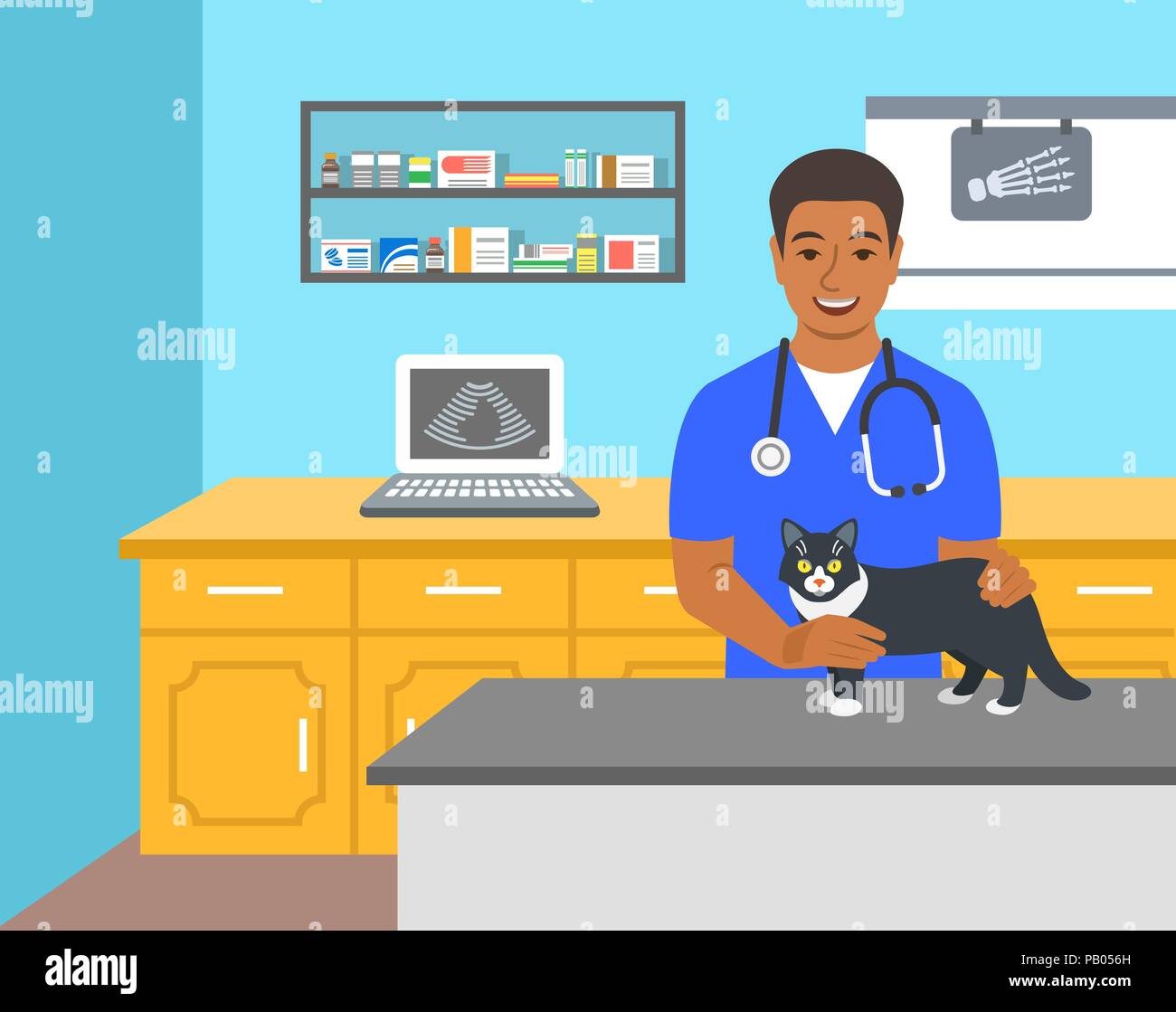 Veterinarian doctor holds dog on examination table in vet clinic ...