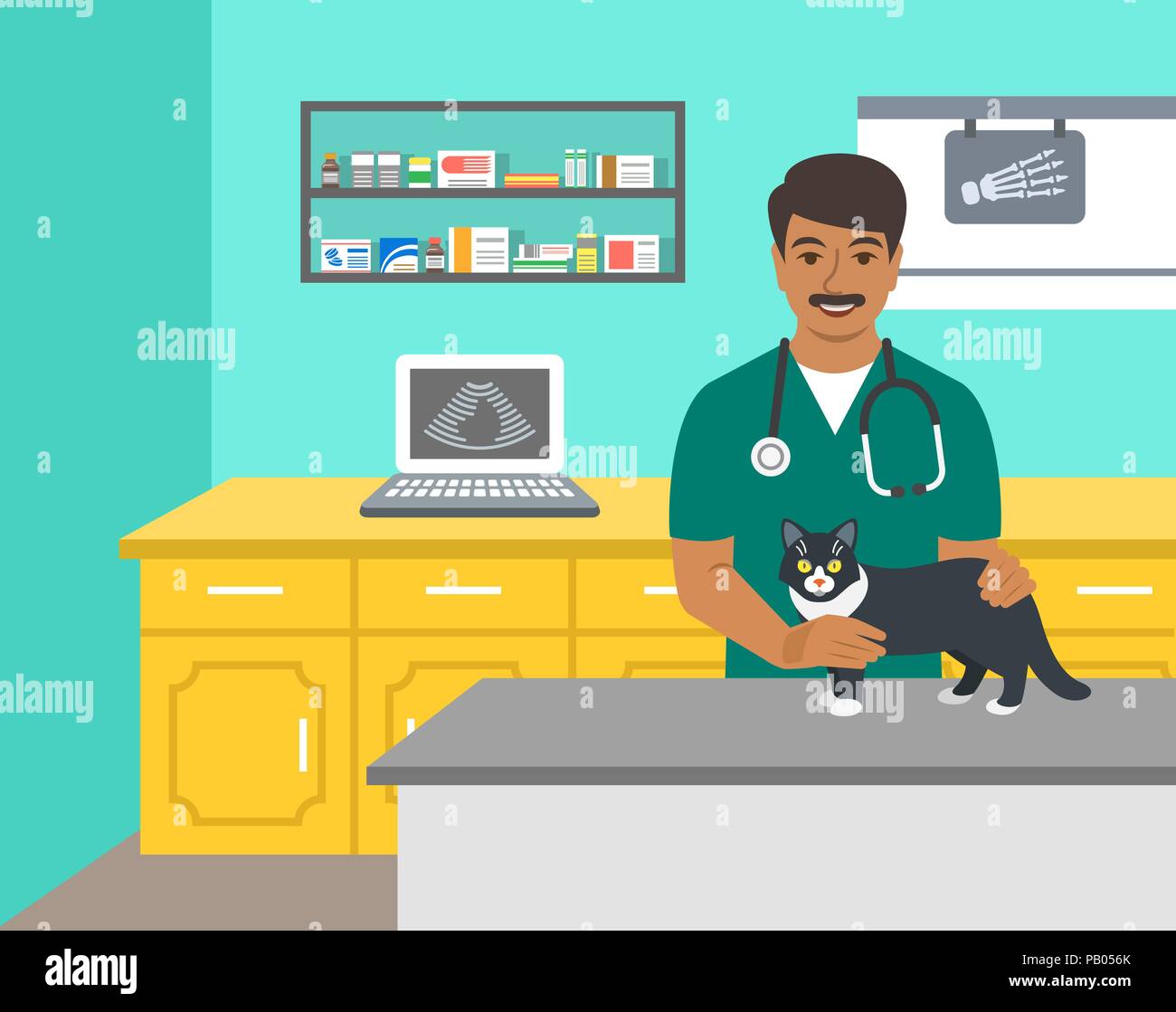 Veterinarian doctor holds dog on examination table in vet clinic ...