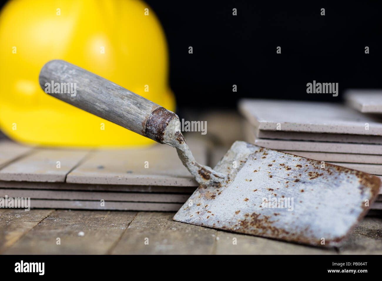Helmet, tiles and tools for the builder. Accessories for construction ...