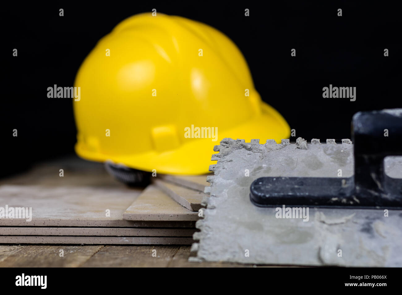Helmet, tiles and tools for the builder. Accessories for construction ...