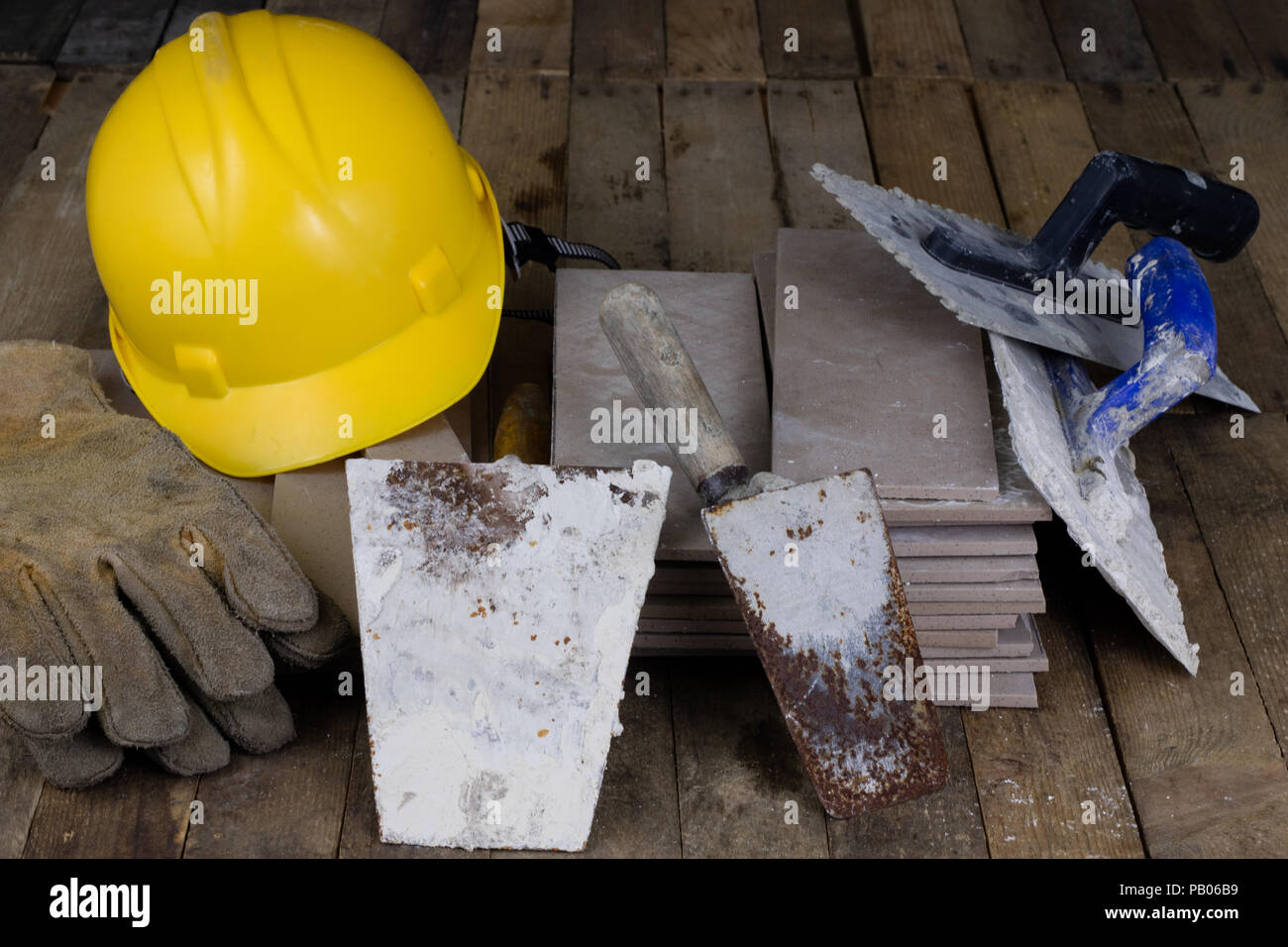 Helmet, tiles and tools for the builder. Accessories for construction ...