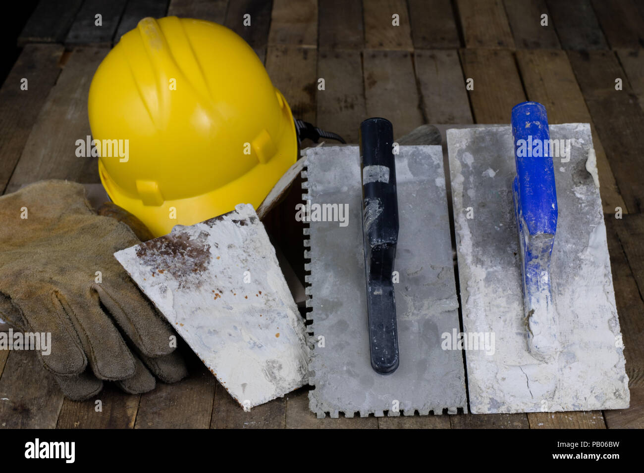 Helmet, tiles and tools for the builder. Accessories for construction ...