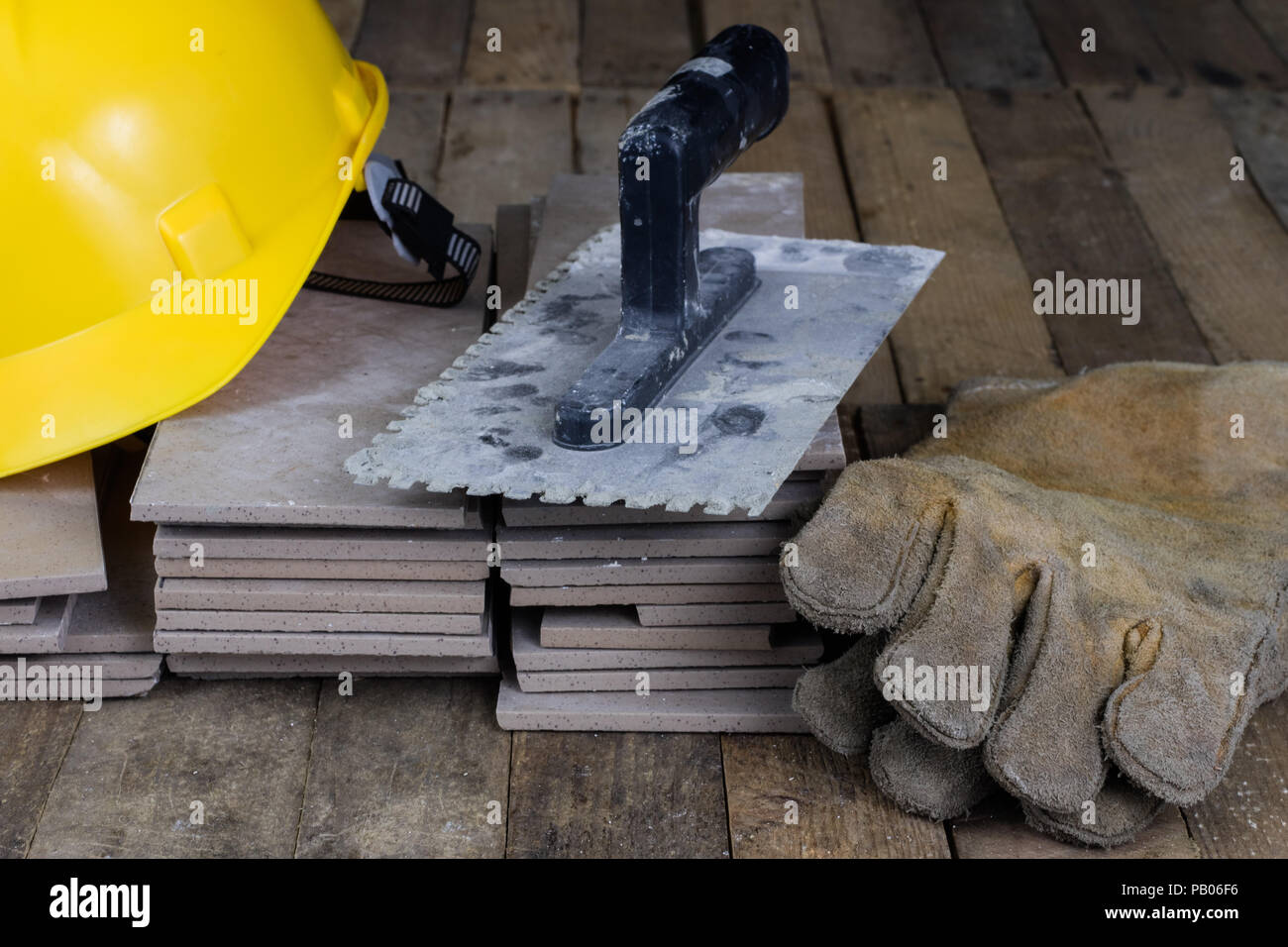 Helmet, tiles and tools for the builder. Accessories for construction ...