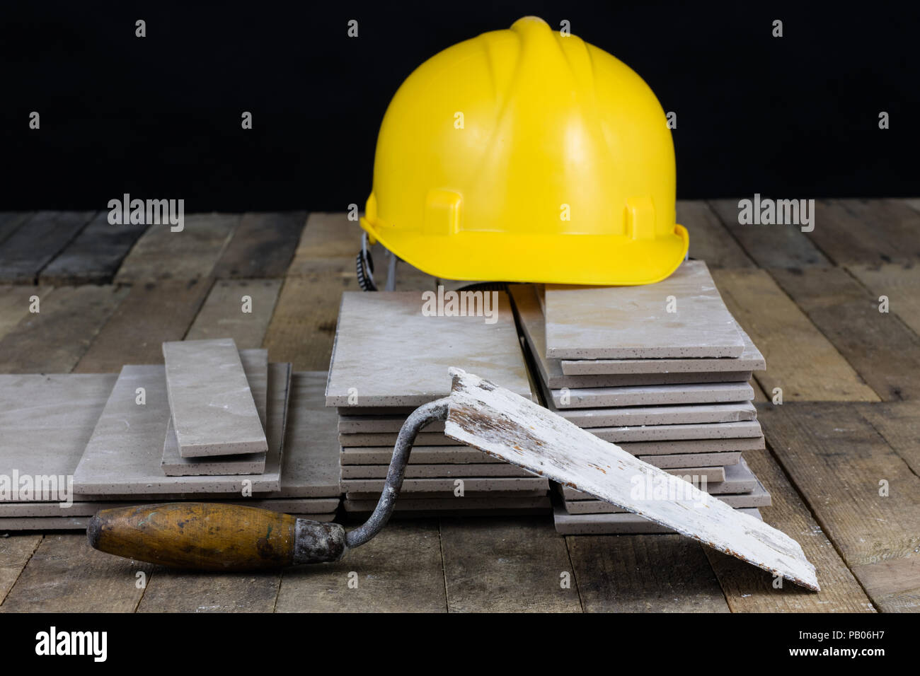 Helmet, tiles and tools for the builder. Accessories for construction ...