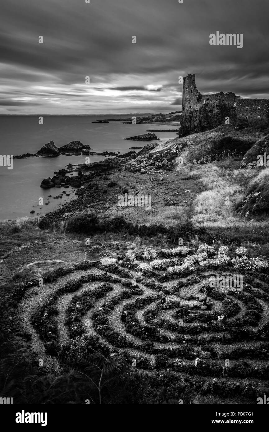 Dunure castle black & white view with labyrinth in foreground Stock ...
