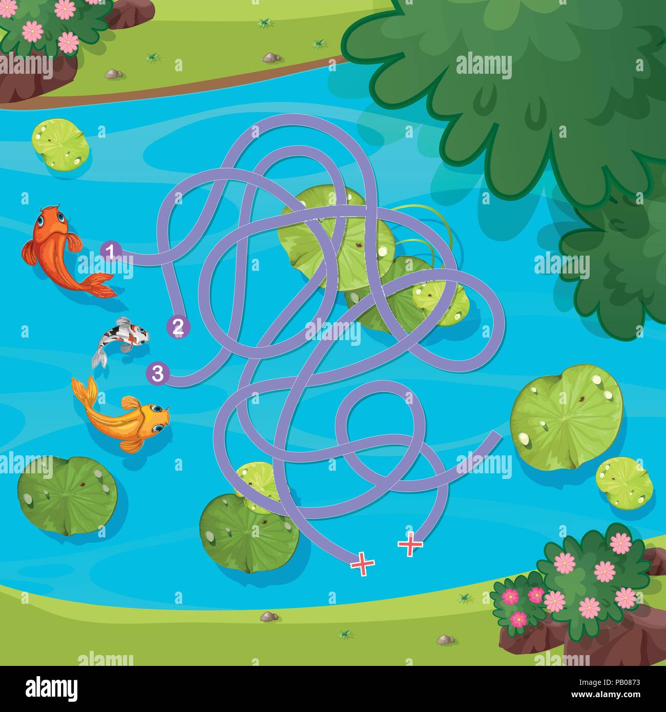 Fish in the pond maze game template illustration Stock Vector Image ...