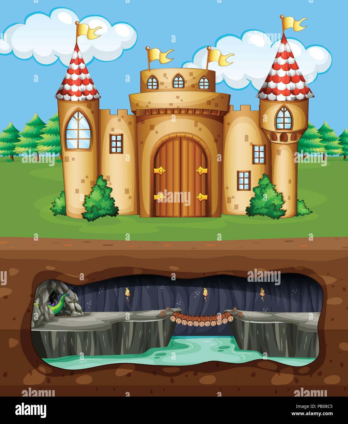 A castle and underground dragon cave illustration Stock Vector Image ...