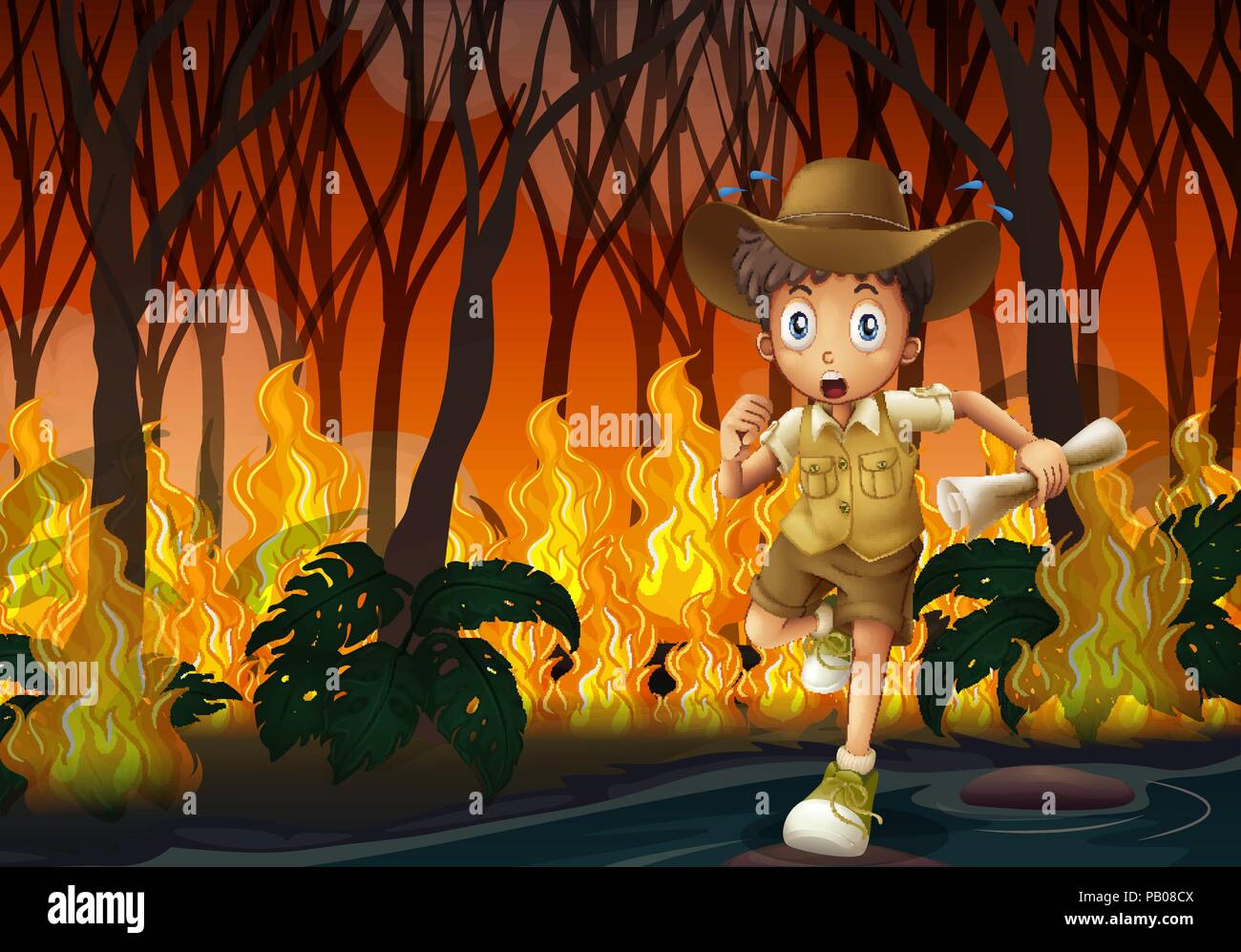 Boy scout running away from wildfire illustration Stock Vector Image ...