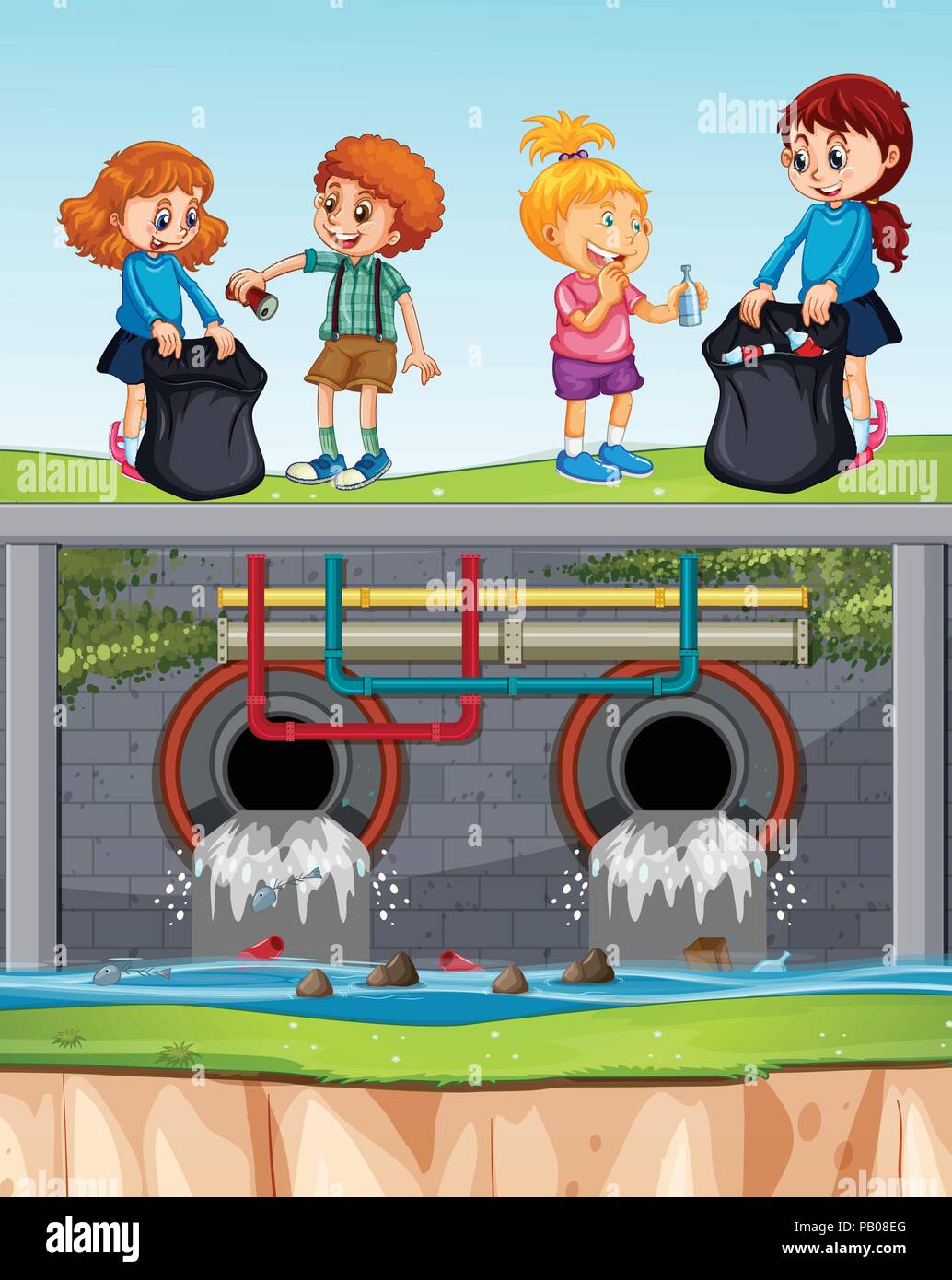 Kids volunteering cleaning up waste sewage illustration Stock Vector ...