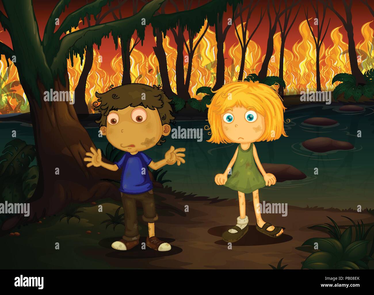 Boy and girl in wildfire forest illustration Stock Vector Image & Art ...