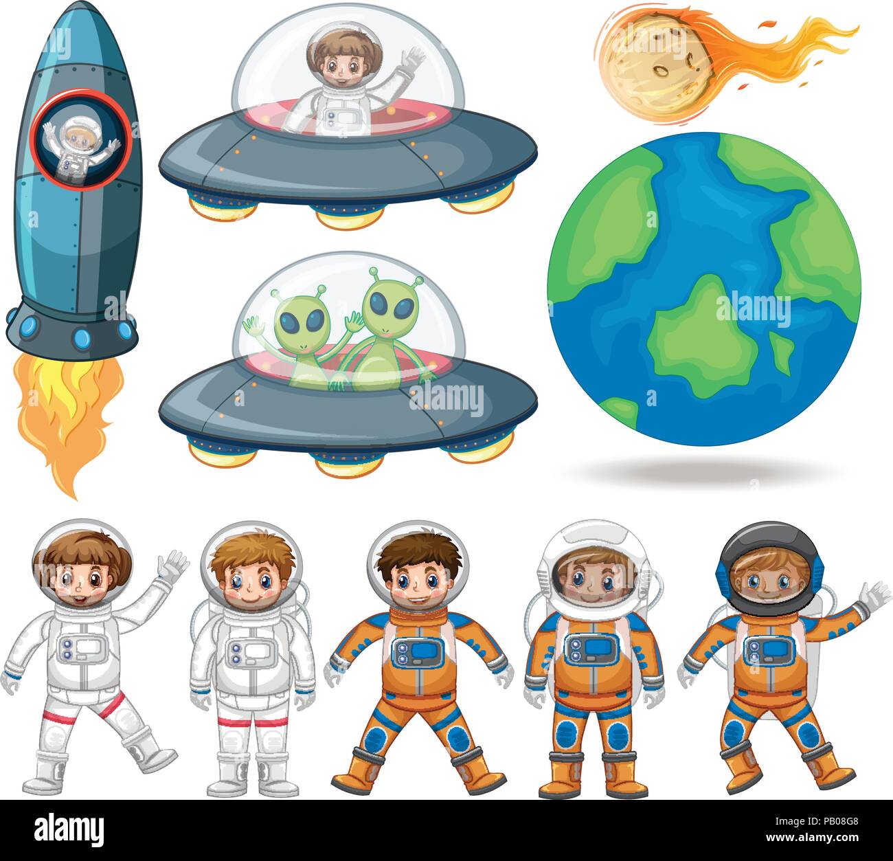 Space, astronaut and ufo collection illustration Stock Vector Image ...