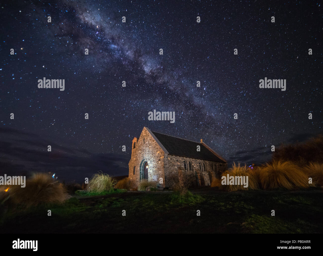 Milky Way starry night in New Zealand, church of good shepherd Stock ...