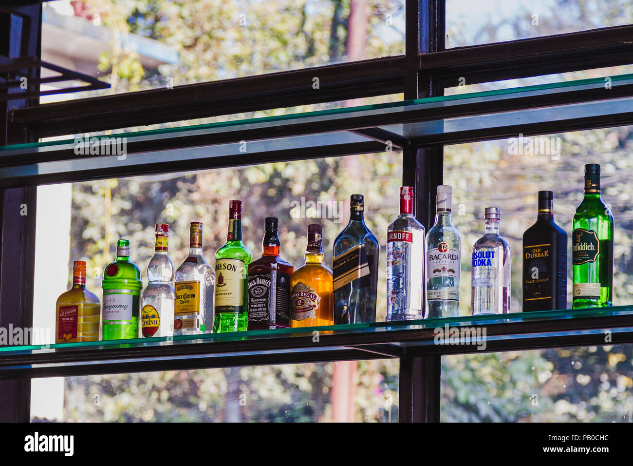 Kathmandu,Nepal - Dec 16,2017: Different brands of booze, liquor, or ...