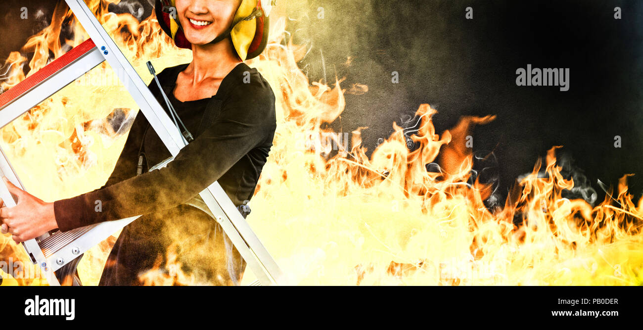 Composite image of female architect holding ladder against white ...