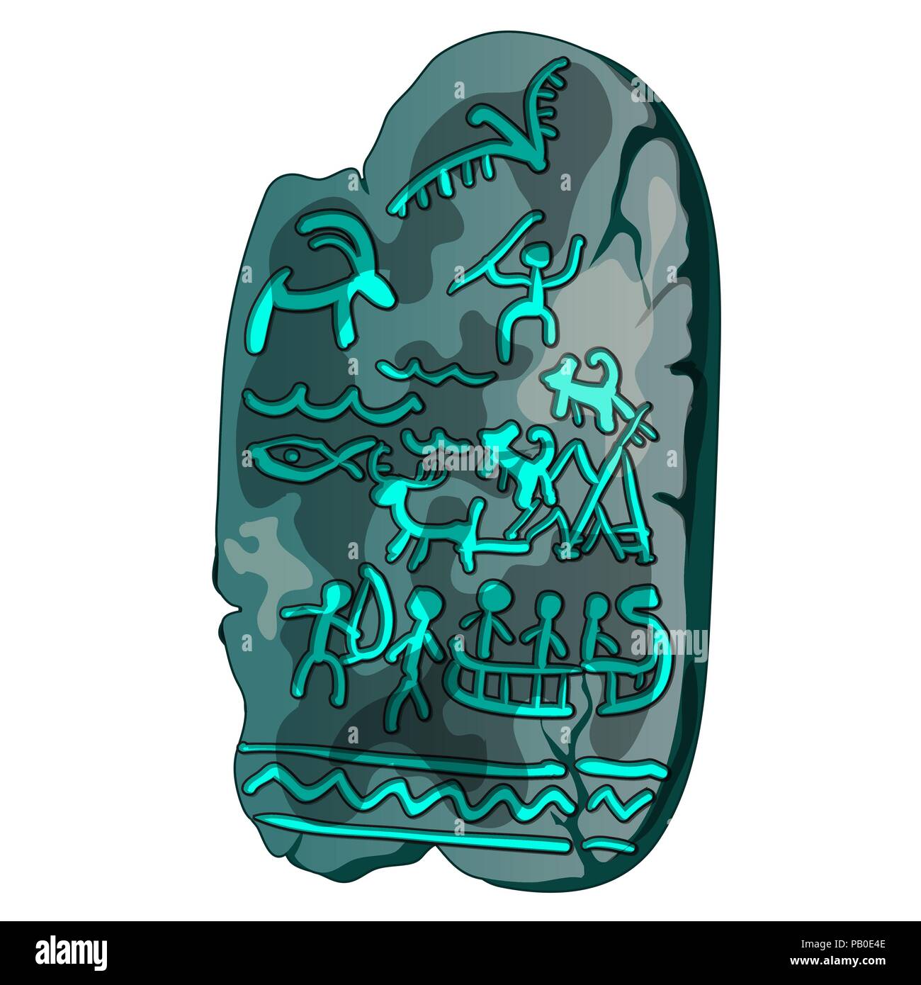 A gray stone plate with ancient drawings of prehistoric people ...