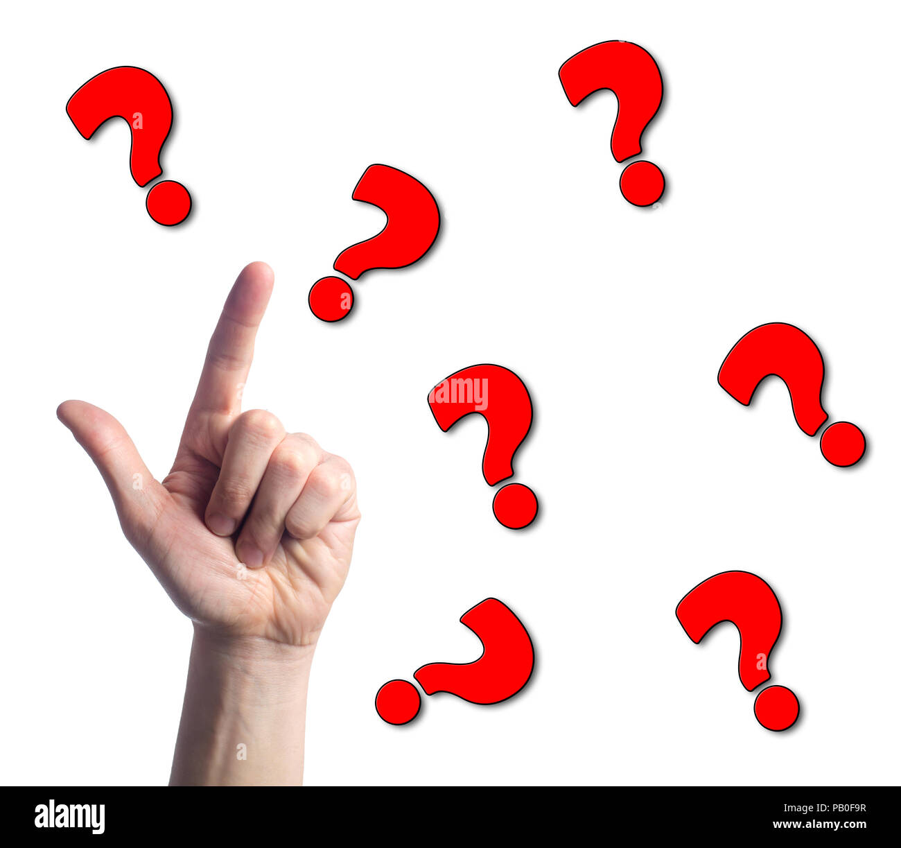 Finger points to question marks Cut Out Stock Images & Pictures - Alamy