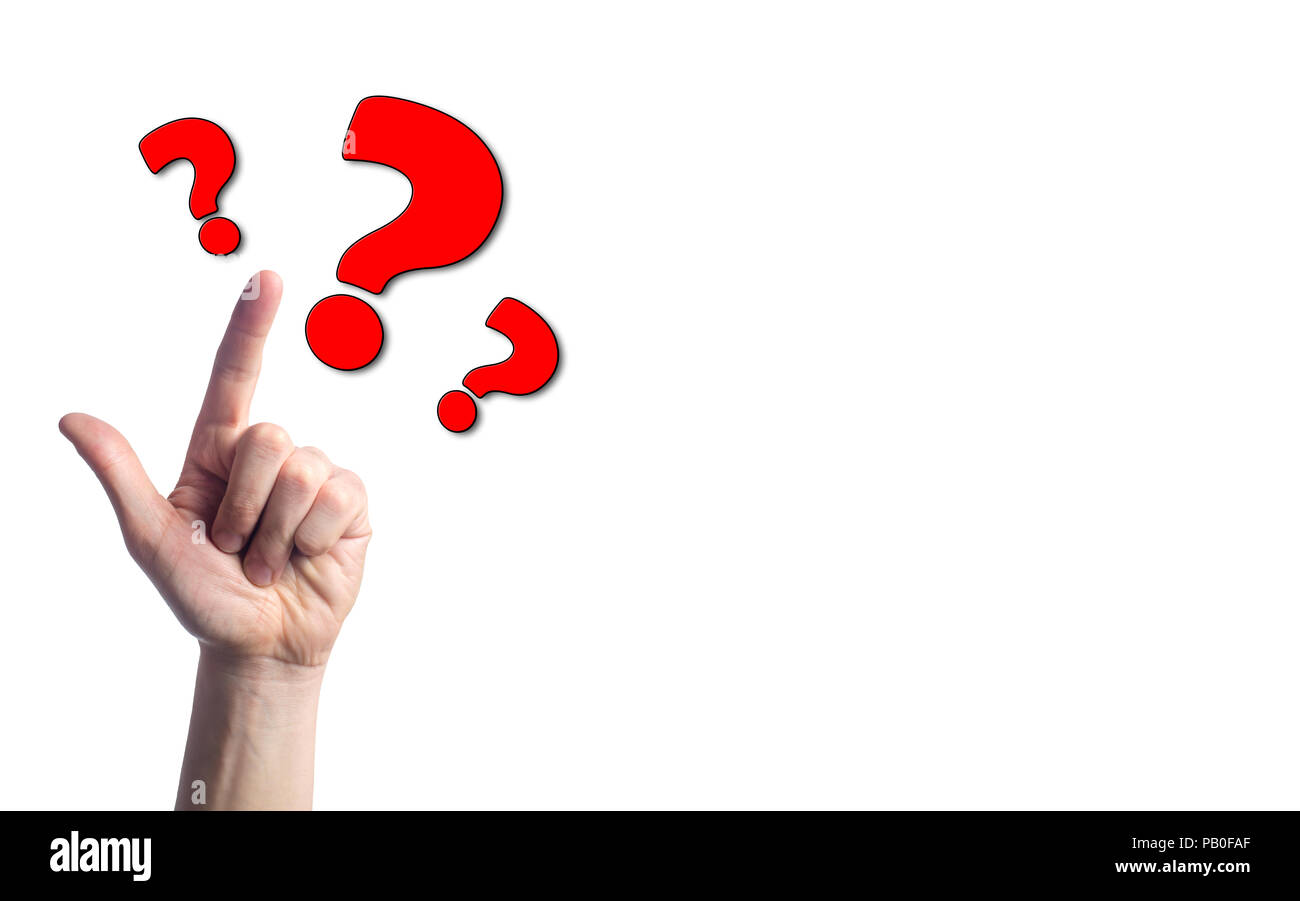 finger points to question marks on white isolated background. concept ...