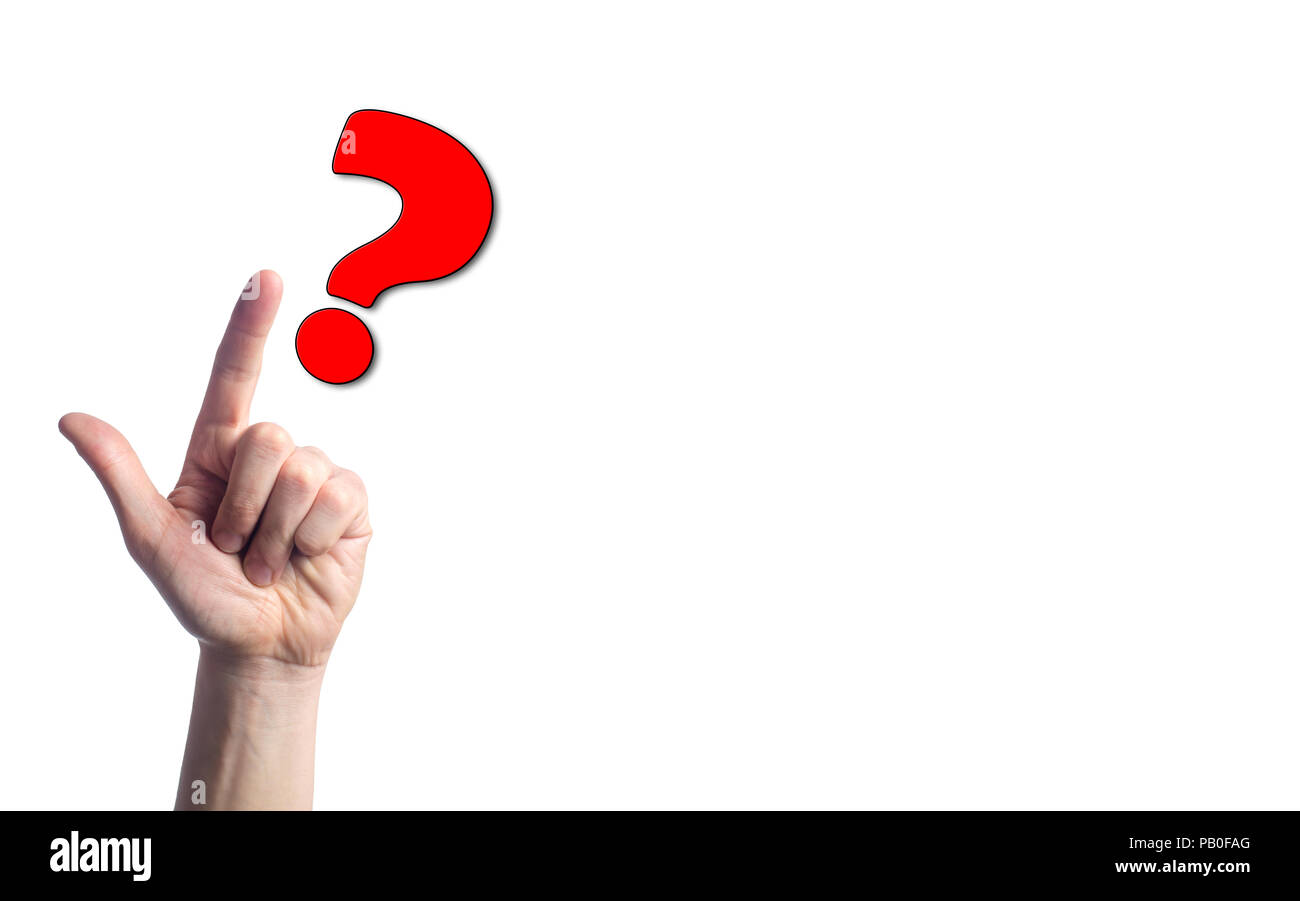 finger points to question marks on white isolated background. concept ...