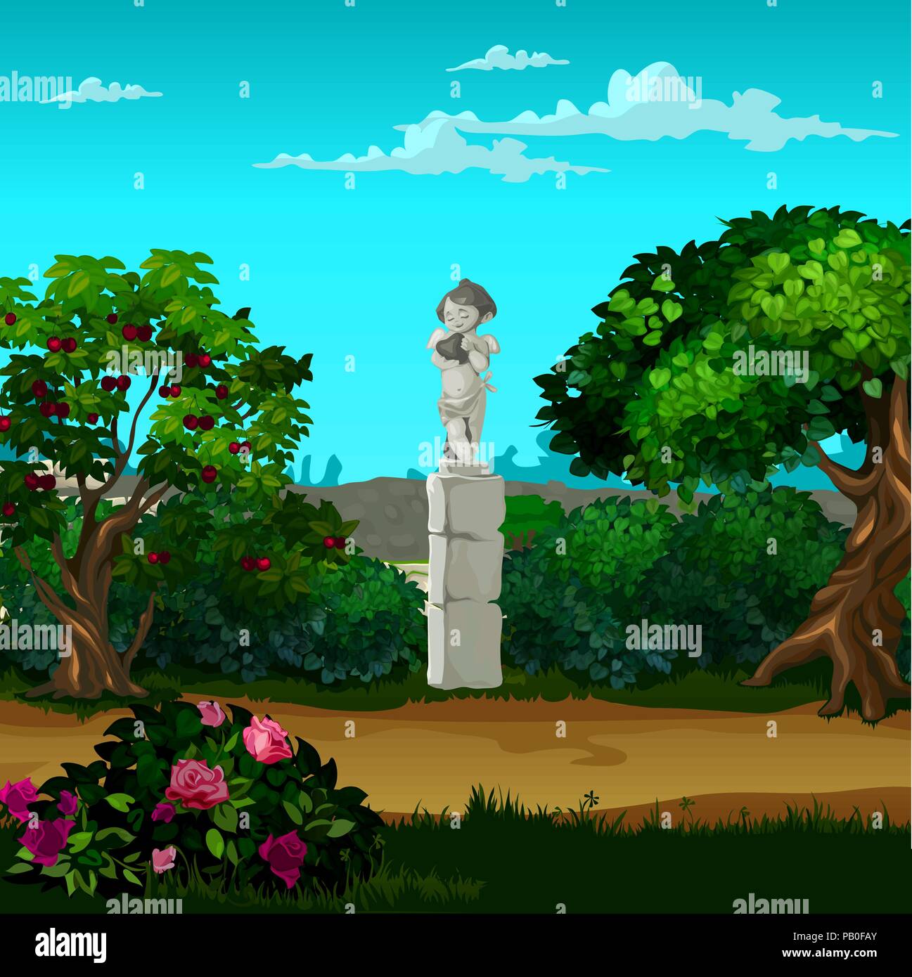 Stone monument in the form of an angel in the garden. Vector cartoon ...