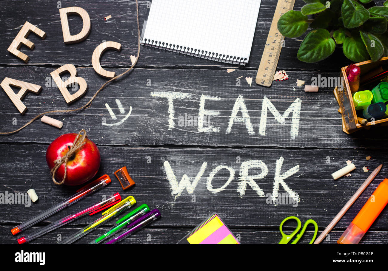 team work concept, office desktop with office accessories Stock Photo ...