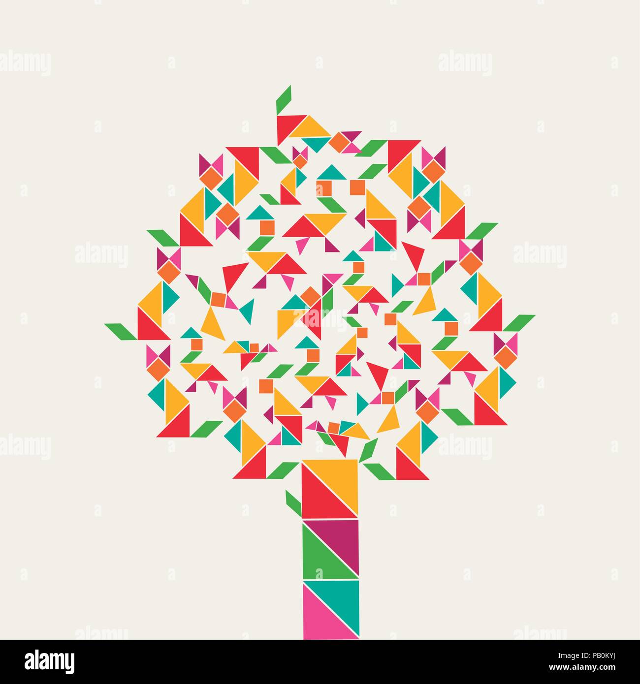 Colorful tree with tangram game icons, abstract geometry shapes of ...