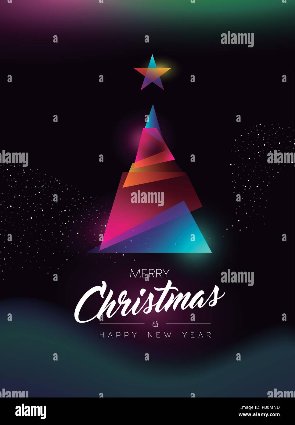 Merry Christmas and Happy New Year greeting card of colorful xmas pine ...