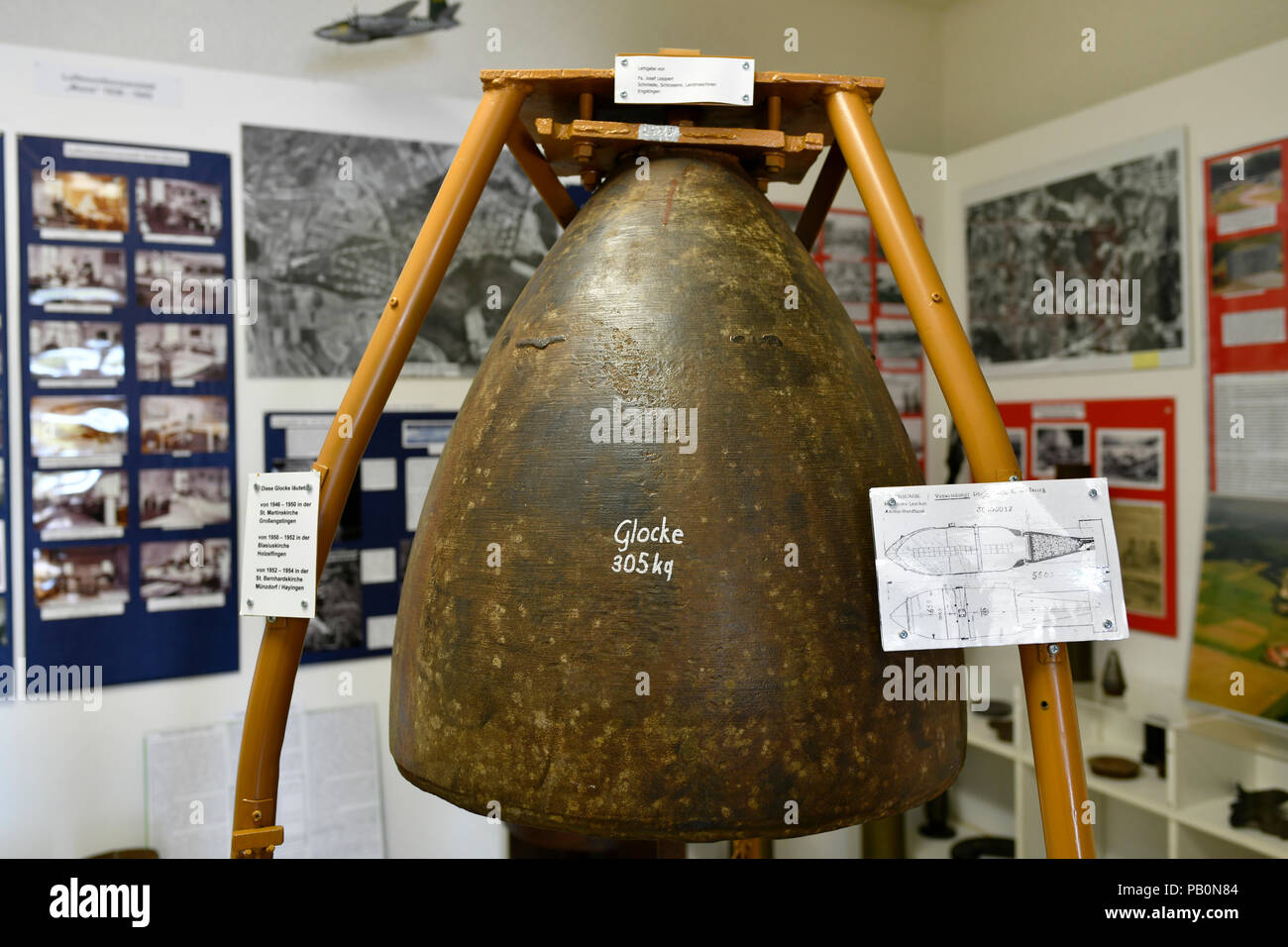 Church bell made of front part of a mine bomb, exhibits Bundeswehr ...