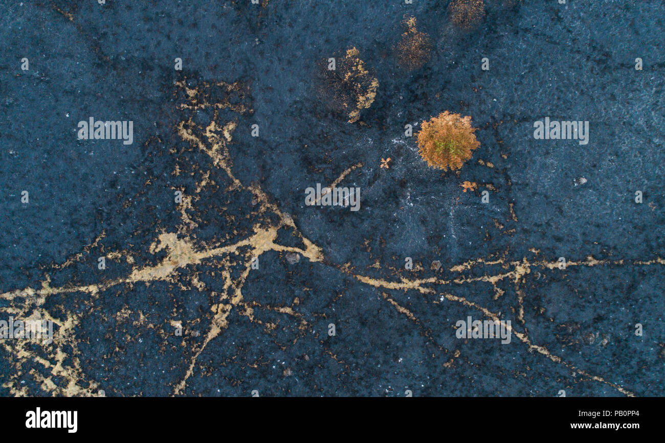 Abstract aerial view of a moorland area that was burned by a wildfire ...