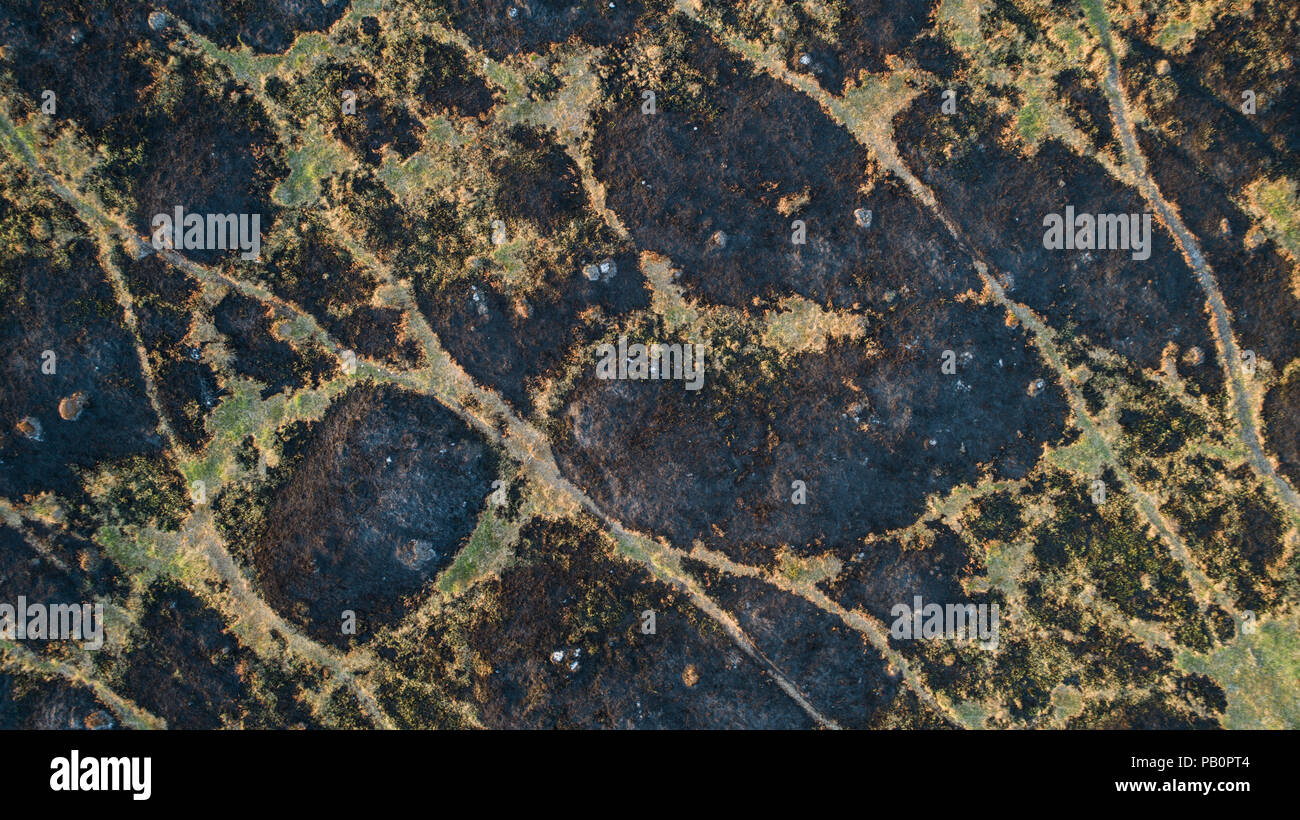 Abstract aerial view of a moorland area that was burned by a wildfire ...