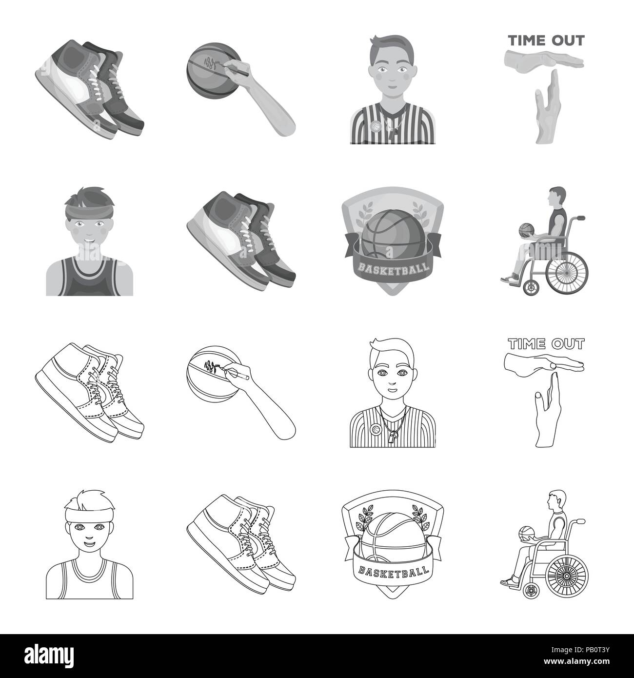 Basketball and attributes outline,monochrome icons in set collection ...