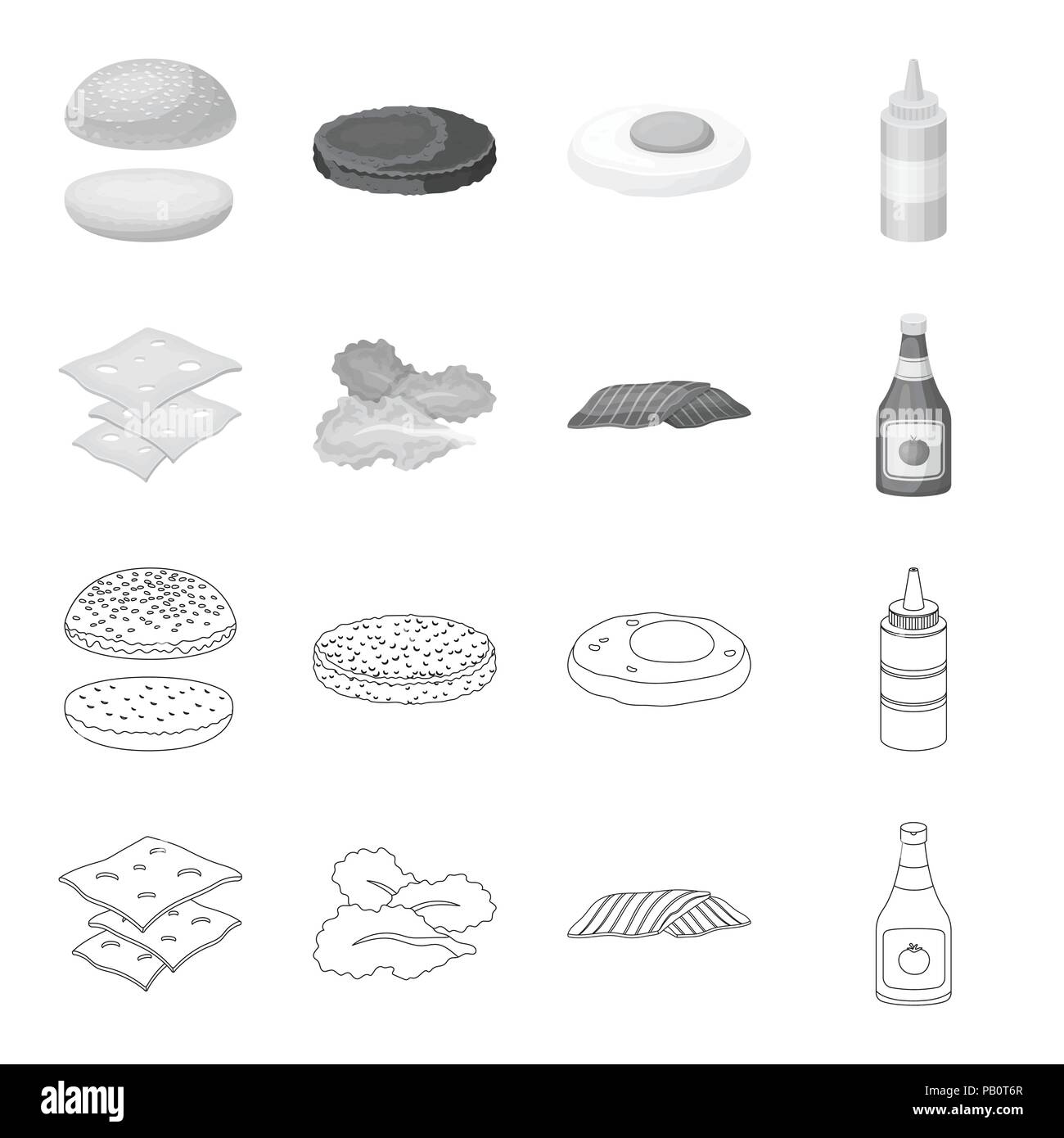 Burger and ingredients outline,monochrome icons in set collection for ...