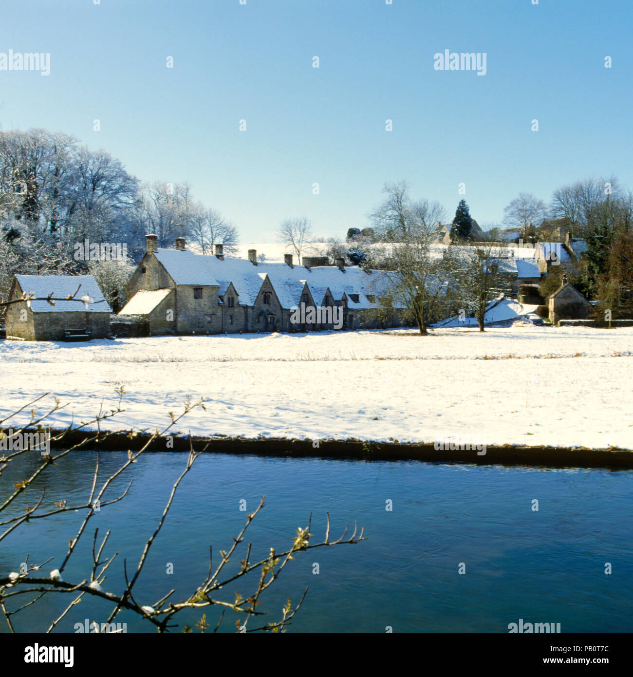 January 1995: Snowy Bibury in winter sunshine, Cotswolds ...