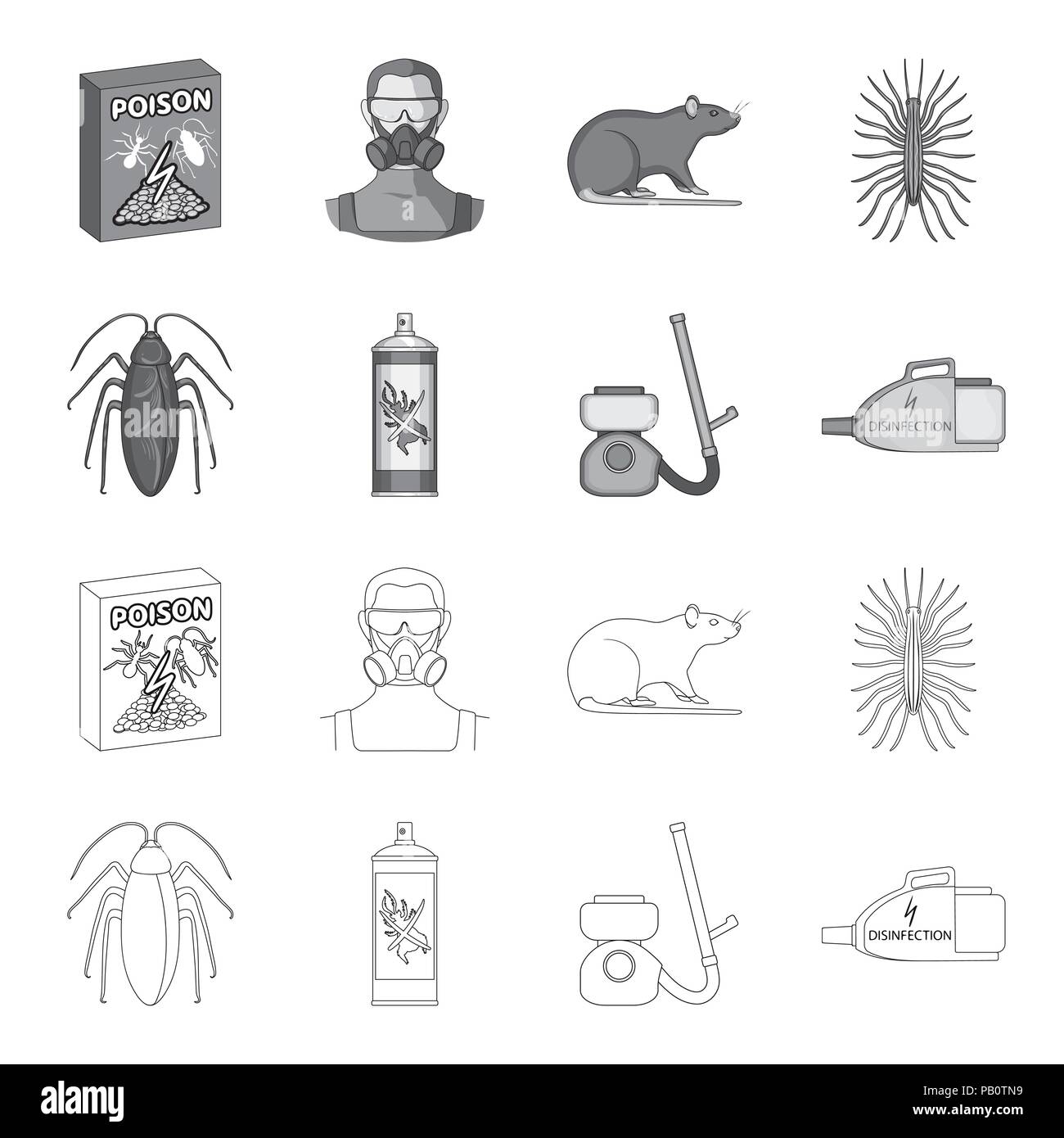 Cockroach and equipment for disinfection outline,monochrome icons in ...