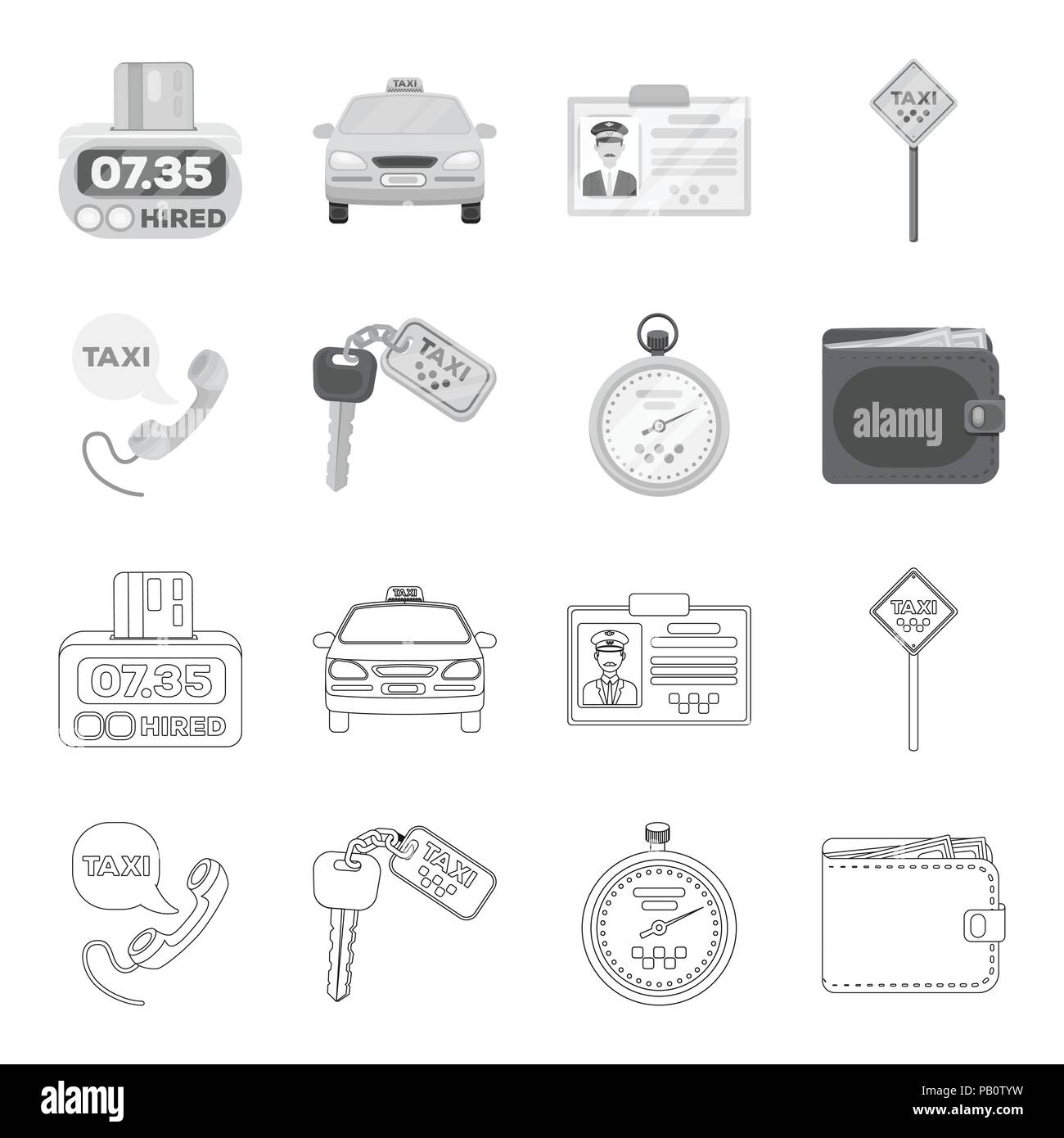 Handset with the inscription of a taxi, car keys with a key fob, a ...