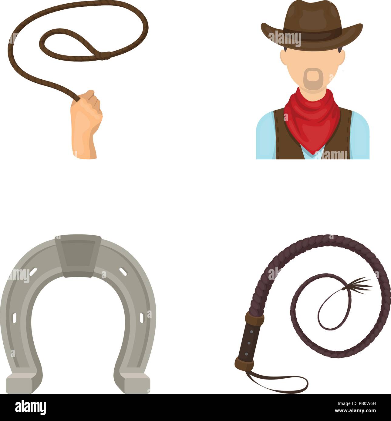 Hand lasso, cowboy, horseshoe, whip. Rodeo set collection icons in ...