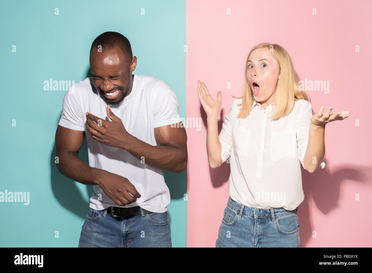 happy afro man and woman. Dynamic image of caucasian female and afro ...