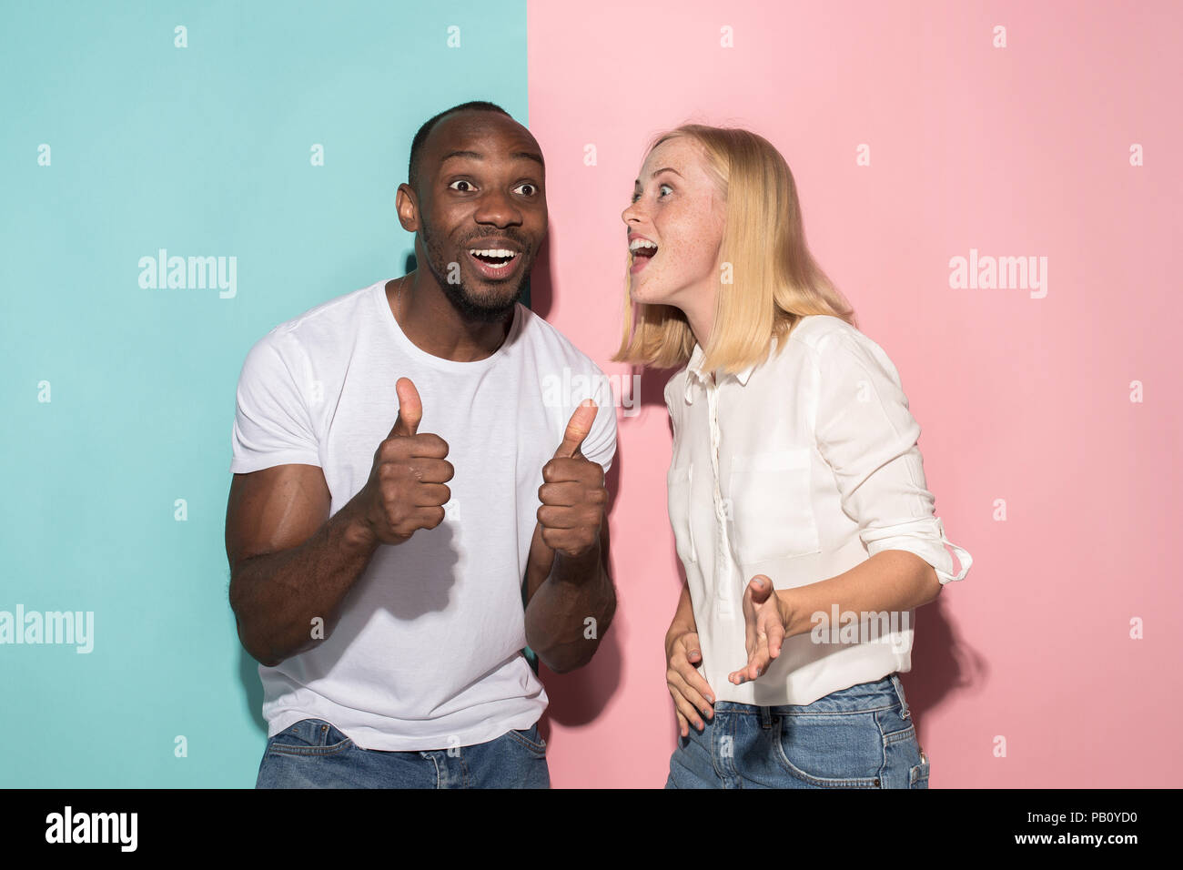 happy afro man and woman. Dynamic image of caucasian female and afro ...