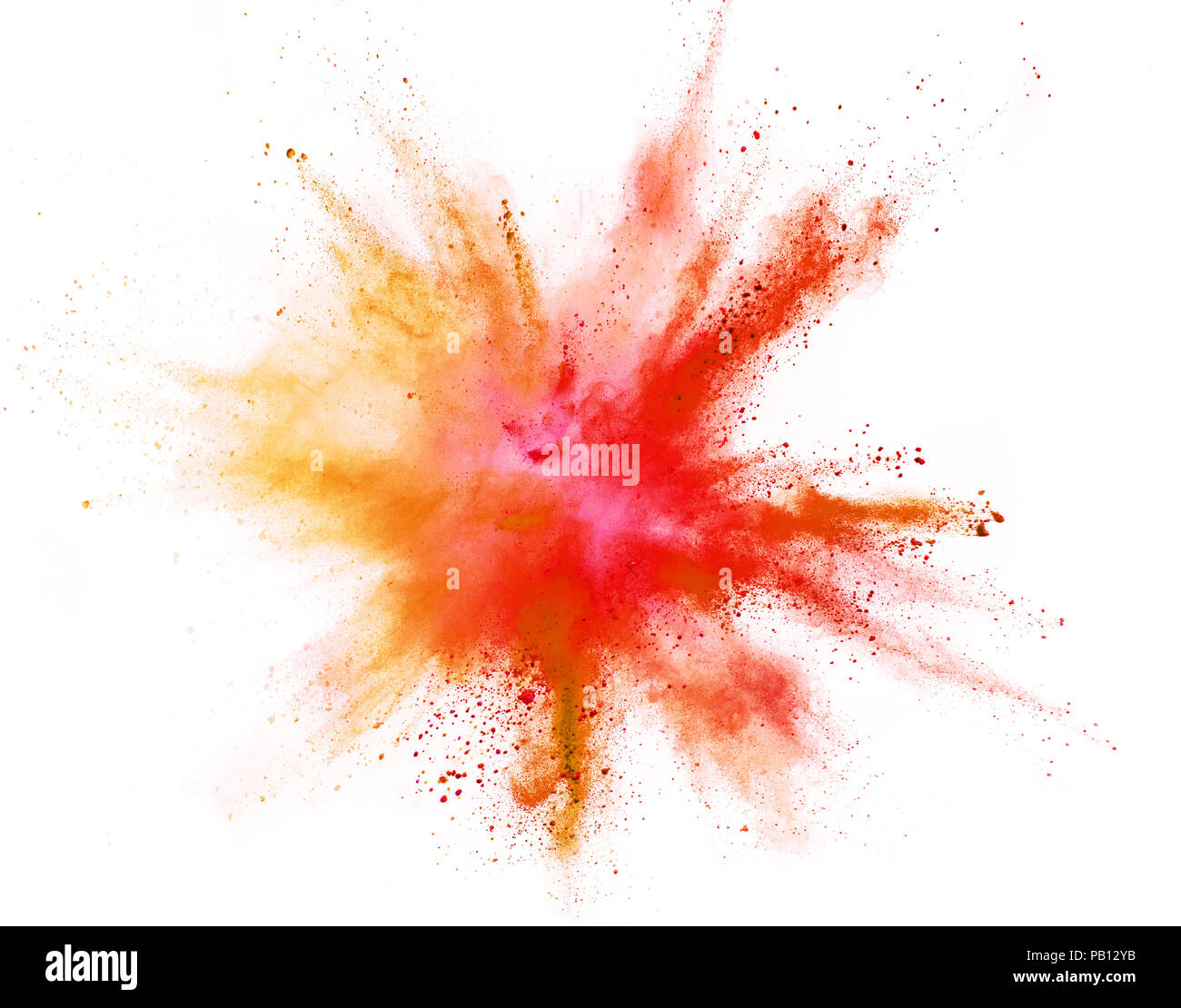 Explosion of coloured powder isolated on white background. Abstract ...