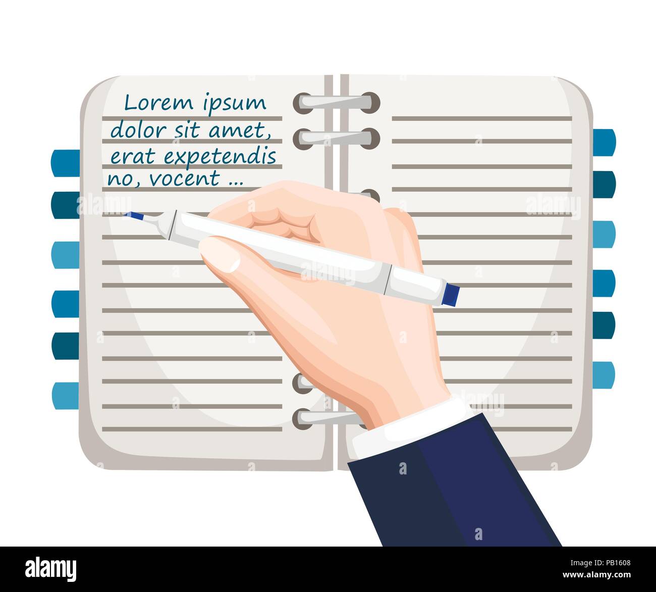 Hand write text. Notebook with bookmarks. Notepad mockup with blue text ...