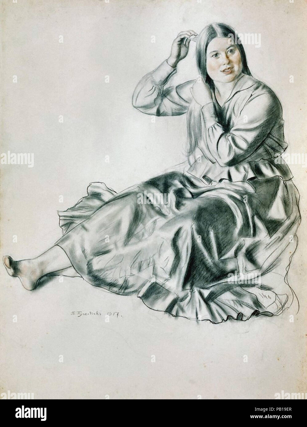 Kustodiev Boris - Girl Combing Her Hair Stock Photo - Alamy