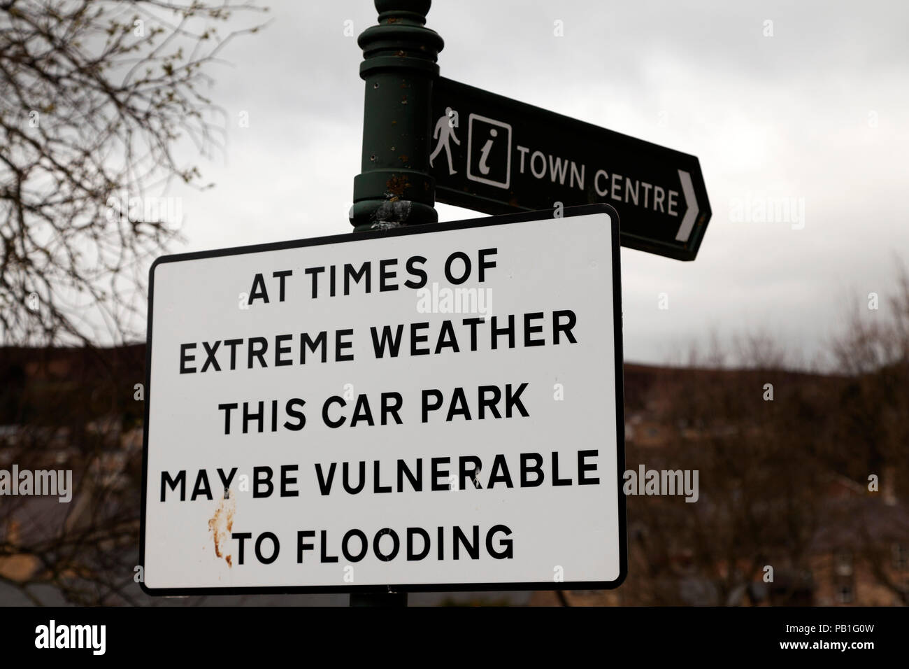 Sign warning of the risk of flooding at a car park in Rothbury ...